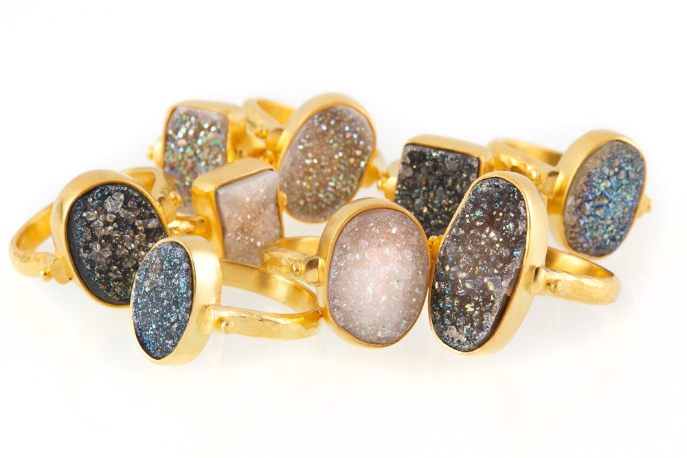Druzy quartz and gold ring, druzy ring